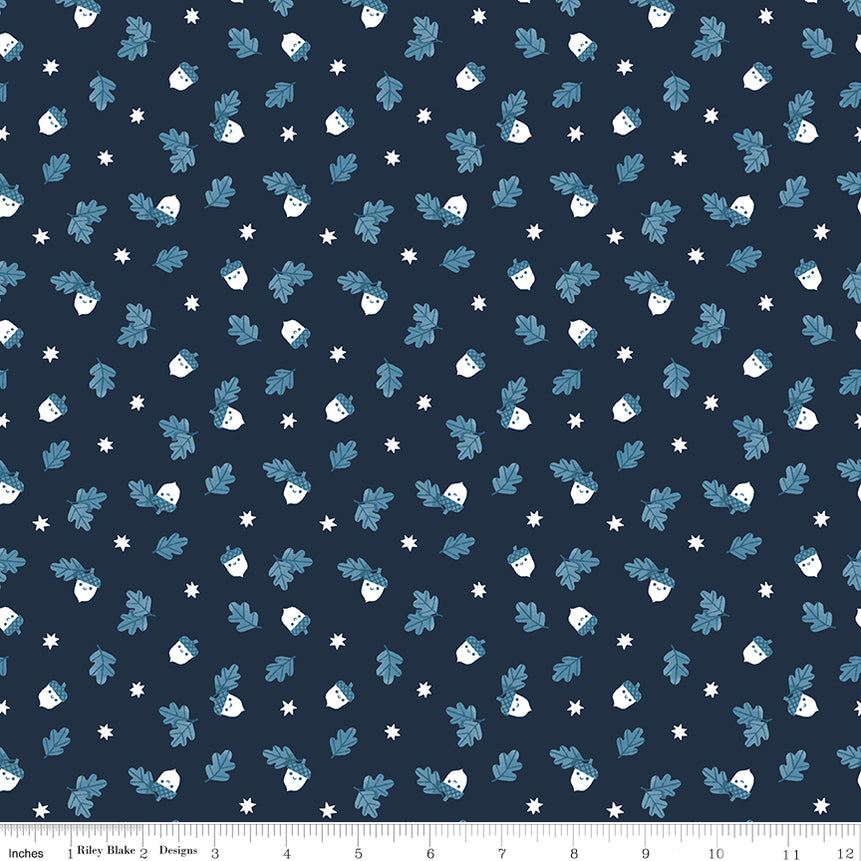 Twilight Creatures, Happy Acorns in Indigo– Bloomerie Fabrics